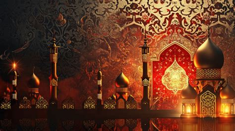 Ramadan Kareem Islamic Style Red And Gold Luxury With Mosque And Beautiful Ornament Background