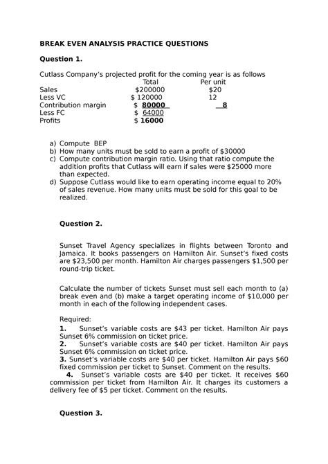 Break Even Analysis Practice Questions Break Even Analysis