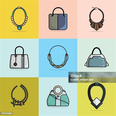 9 목 목걸이와 아름 다운 지갑 디자인 벡터 일러스트 레이 션의 세트 아름다움 유행 목표 아이콘 개념 여자 유행 보석 부속품 벡터 디자인의 세트 0명에 대한 스톡 벡터 아트