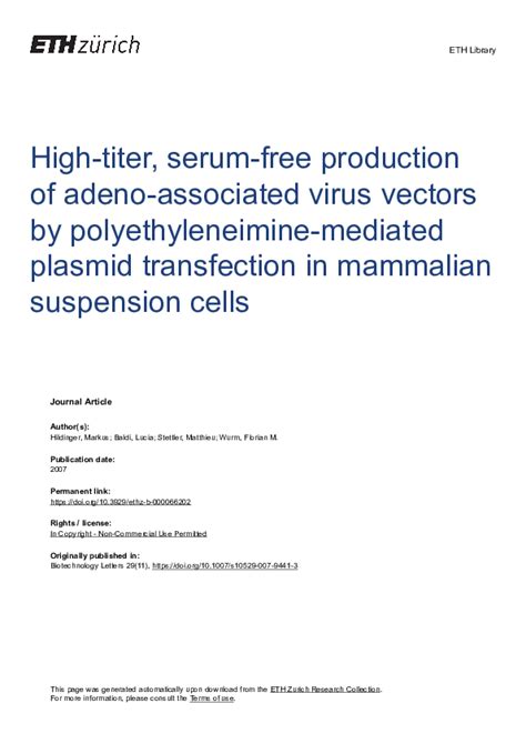 Pdf High Titer Serum Free Production Of Adeno Associated Virus Vectors By Polyethyleneimine