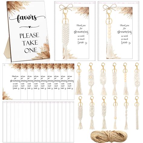Sasylvia 24 Pcs Boho Macrame Keychains Kit With Tassels Boho Wooden Table Sign Decor 24 Pcs
