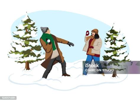 눈 덮인 풍경에서 낭만적인 겨울 활동 행복한 연인 커플이 눈덩이를 하고 있다 야외에서 재미있는 게임을 즐기는 남자와 여자 겨울 개념입니다 캐릭터 젊은 사람들 벡터 그림 12