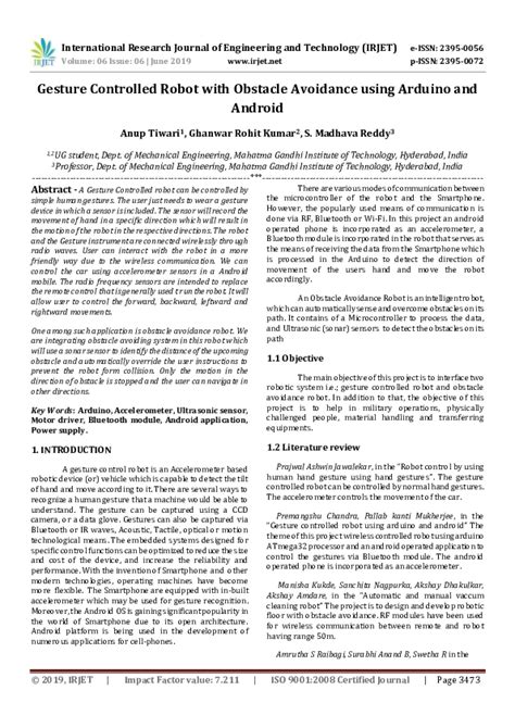 Pdf Irjet Gesture Controlled Robot With Obstacle Avoidance Using Arduino And Android