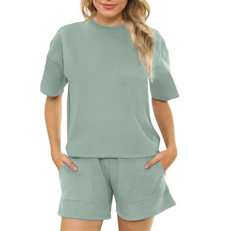 Women 2 Piece Outfits Sweat Shorts Sets 2025 Trendy Crew Neck Short