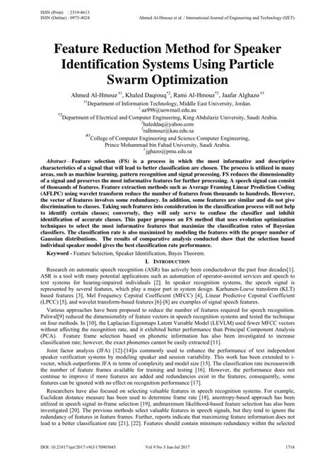 Pdf Feature Reduction Method For Speaker Identification Systems Using Particle Swarm Optimization