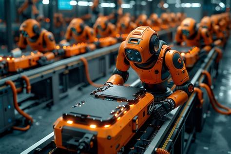 Industrial Robots Collaborating With Human Workers On The Assembly Line Illustrating The