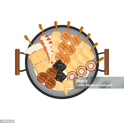 다양한 꼬치와 함께 제공되는 길거리 음식 야키토리의 일러스트 세트 아시아 패스트 푸드 레스토랑 오뎅 냄비 및 흰색 배경에 고립 된 재료 디자인 요소를위한 귀여운 만화
