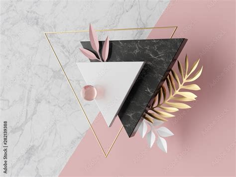 3d Abstract Modern Minimal Background White Triangular Canvas Black Marble Texture Pink Glass
