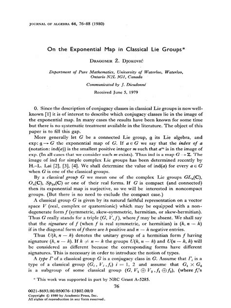 On The Exponential Map In Classical Lie Groups Pdf Exponential