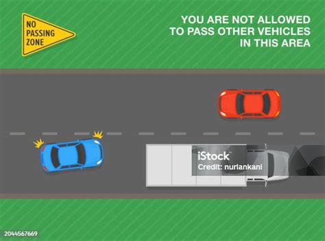안전 운전 요령 및 교통 법규 추월 금지 구역 표지판 구역에서 트럭을 추월하는 파란색 세단 자동차의 평면도 벡터 일러스트 레이 션 템플릿 거리에 대한 스톡 벡터 아트 및