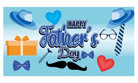 아버지의 날 포스터 와 모자 넥타이 와 선물 상자 통하고 있는 파란 배경 아버지의 날을 위한 인사말과 선물로 평신도 스타일로
