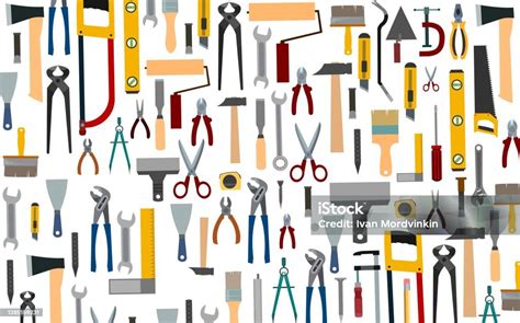 건설 도구 화가 목수 건축업자 핸디맨의 작품을 위해 배경 그림입니다 망치 펜치 톱 가위 브러시 주걱 롤러 벡터 가위에 대한 스톡 벡터 아트 및 기타 이미지 Istock