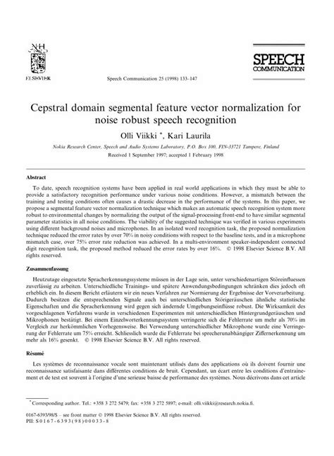 Pdf Cepstral Domain Segmental Feature Vector Normalization For Noise