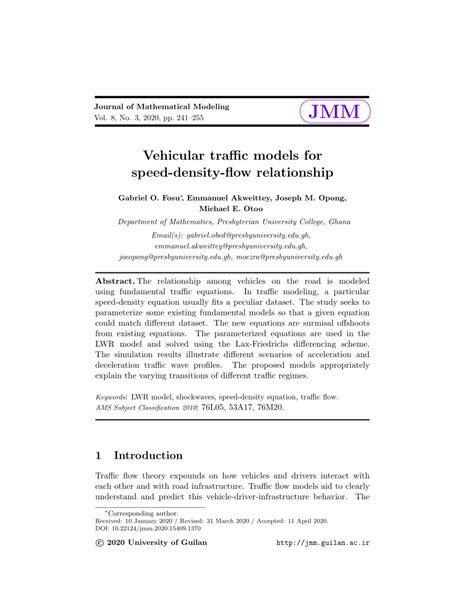 Pdf Vehicular Traffic Models For Speed Density Flow Relationship