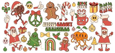 복고풍 만화 캐릭터와 요소의 큰 스티커 팩 메리 크리스마스와 새해 복 많이 받으세요 트렌디 한 그루비 히피 스타일 크리스마스에 대한 스톡 벡터 아트 및 기타 이미지 Istock