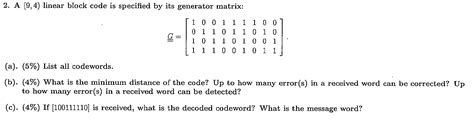 Solved 2 A 94 Linear Block Code Is Specified By Its