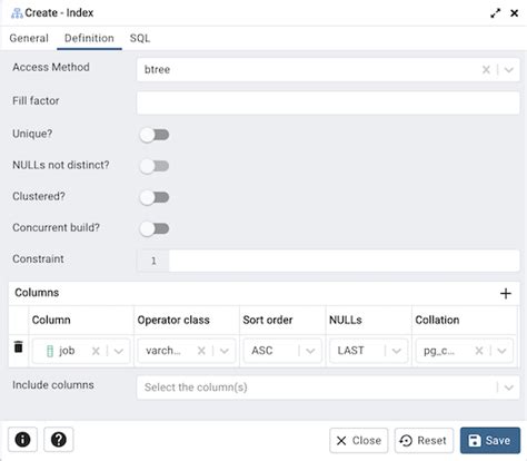 Index Dialog — Pgadmin 4 7 4 Documentation