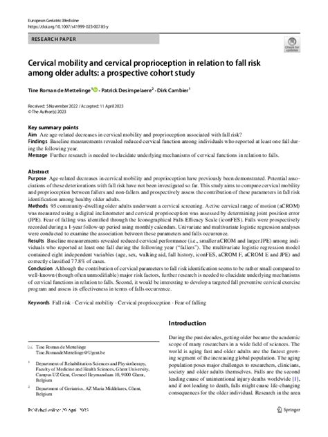 Pdf Cervical Mobility And Cervical Proprioception In Relation To Fall