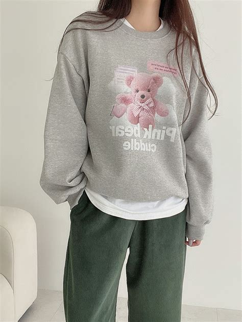 Pinkbear 기모 핑크 테디베어 프린트 오버핏 맨투맨