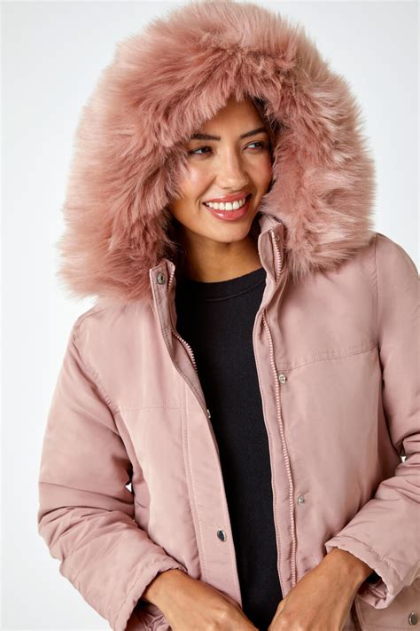 Pink Faux Fur Hooded Parka Coat Roman Uk