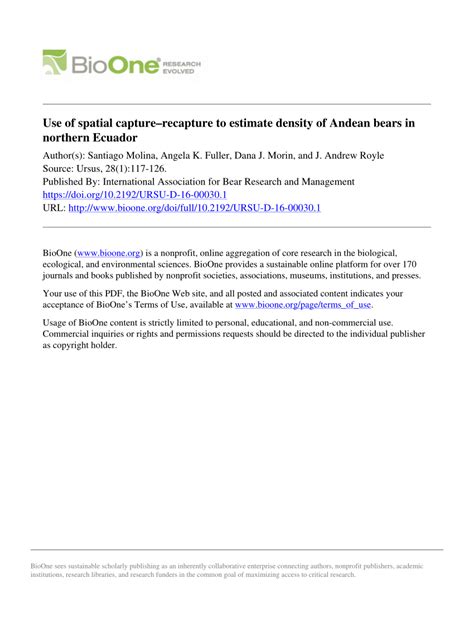 Pdf Use Of Spatial Capture Recapture To Estimate Density Of Andean Bears In Northern Ecuador