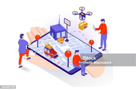 3d 등각 투영 설계의 운송 및 물류 개념입니다 사람들은 배달 회사에서 일하고 창고에서 소포를 싣고 드론으로 배송합니다 웹 그래픽을 위한 등각측정 장면이 있는 벡터 그림 3