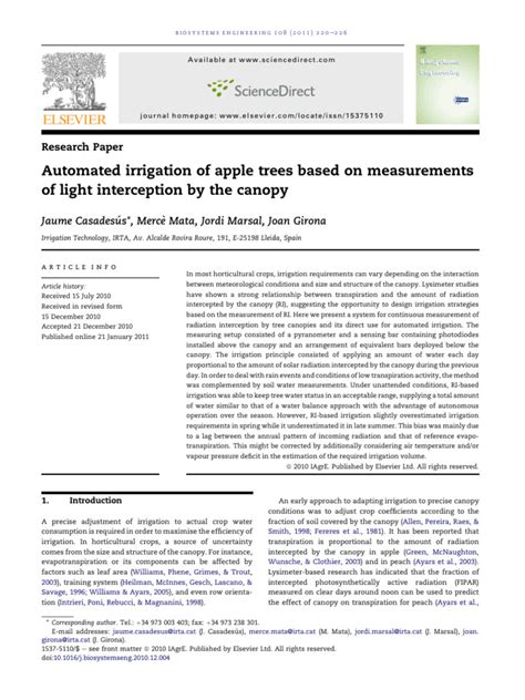 Automated Irrigation Of Apple Trees Based On Measurements Of Light Interception By The Canopy Pdf