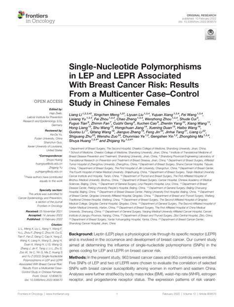 Pdf Single Nucleotide Polymorphisms In Lep And Lepr Associated With Breast Cancer Risk