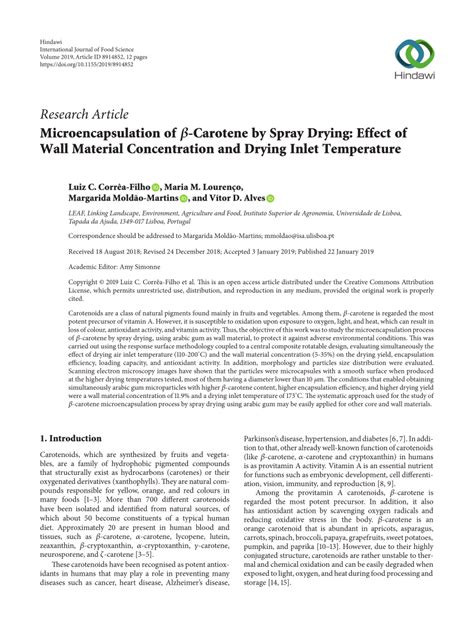 Pdf Microencapsulation Of β Carotene By Spray Drying Effect Of Wall Material Concentration
