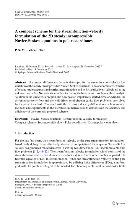 pdf a compact scheme for the streamfunction velocity formulation of