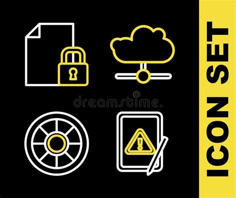 Set Line Network Cloud Connection Tablet With Exclamation Mark Safe