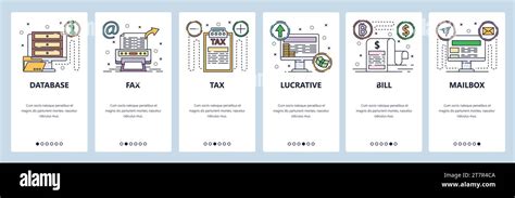Mobile App Onboarding Screens Business And Computer Technology Icons Fax Machine Database