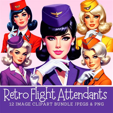 Retro Flight Attendant Clipart Bundle Retro Air Hostess 1960s Style