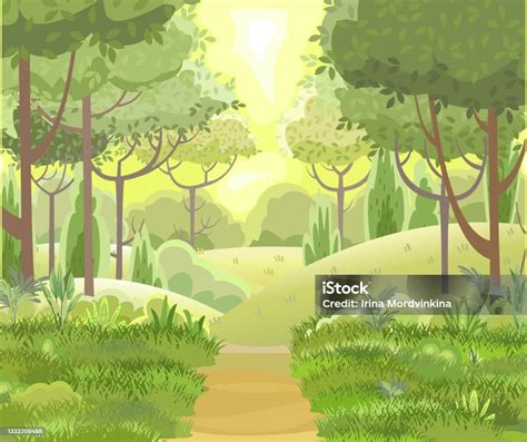 길 아름다운 숲풍경을 즐겁게 해주다 녹색 만화 스타일 잔디가 있는 언덕을 통과하는 길 오솔길 시원한 로맨틱 예쁜 플랫 디자인 일러스트레이션 벡터 아트 경관에 대한 스톡 벡터