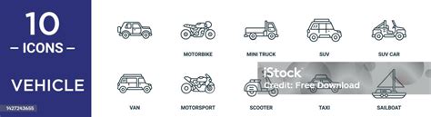차량 개요 아이콘 세트는 얇은 선 미니 트럭 Suv 자동차 모터 스포츠 택시 범선 보고서 프레 젠 테이션 다이어그램 웹 디자인을위한 밴 아이콘을 포함합니다 0명에 대한 스톡