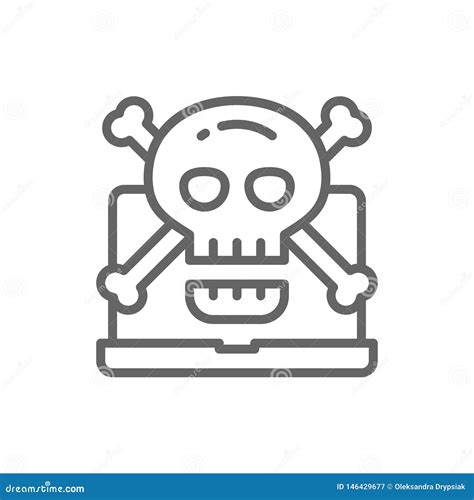 Computer With Skull And Crossbones Symbol Virus Phishing Scam Ransomware Line Icon Stock