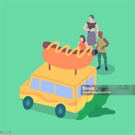 만화 컬러 캐릭터 사람들과 핫도그 길거리 음식 캐러밴 트레일러 트럭 개념 벡터 가공육에 대한 스톡 벡터 아트 및 기타 이미지 가공육 개념 개념 기호 Istock