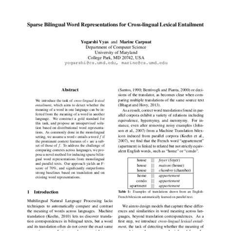 Sparse Bilingual Word Representations For Cross Lingual Lexical Entailment Acl Anthology