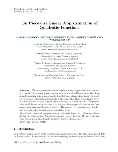 Pdf On Piecewise Linear Approximation Of Quadratic Functions