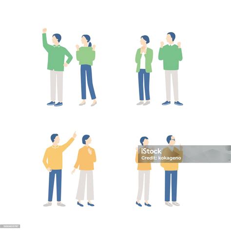 다양한 연령대의 행복한 커플 세트 시니어 커플 중년 커플 젊은 커플 간단한 전신 그림 가리키기에 대한 스톡 벡터 아트 및 기타 이미지 Istock