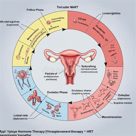 Illustration Depicting The Menstrual Cycle Phases With A Central Diagram Of The Female Stock