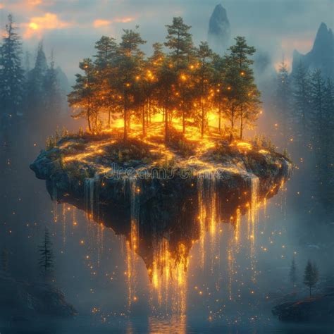 Magical Floating Island With Glowing Forest And Waterfall Stock Image