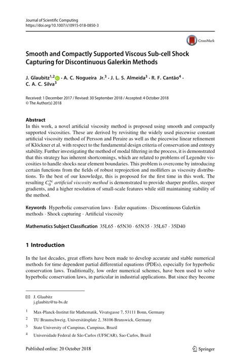 Pdf Smooth And Compactly Supported Viscous Sub Cell Shock Capturing For Discontinuous Galerkin