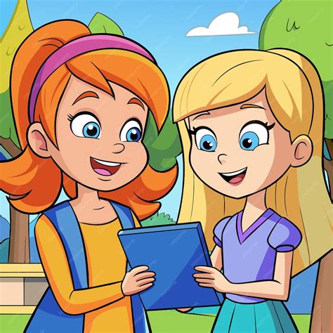 Premium Vector A Cartoon Illustration Of Two Girls Holding A Tablet With The Word The One Is