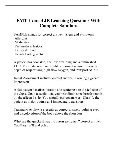 EMT Exam JB Learning Questions With Complete Solutions EMT JB Learning Stuvia UK
