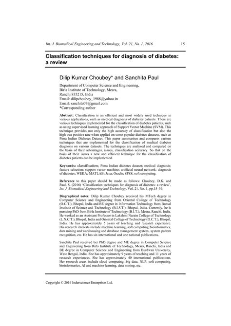 Pdf Classification Techniques For Diagnosis Of Diabetes A Review