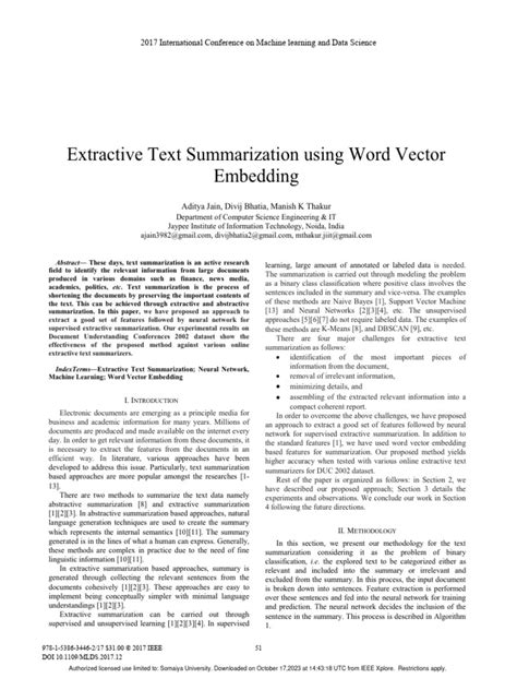 extractive text summarization using word vector embedding pdf information science computing