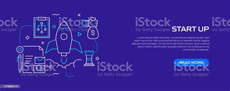 Start Up 관련 라인 스타일 배너 디자인 웹 페이지 헤드 라인 브로셔 연례 보고서 및 책 표지 개념에 대한 스톡 벡터 아트 및 기타 이미지 Istock