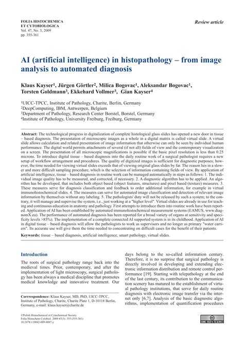 Pdf Ai Artificial Intelligence In Histopathology From Image Analysis To Automated Diagnosis