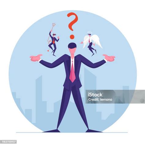 천사와 악마가 어깨위에 앉아 그의 귀와 머리 위에 물음표에 속삭이는 사업가 기업가는 복잡한 결정을 내리는 도덕적 딜레마를 가지고있다 만화 플랫 벡터 일러스트 결정에 대한
